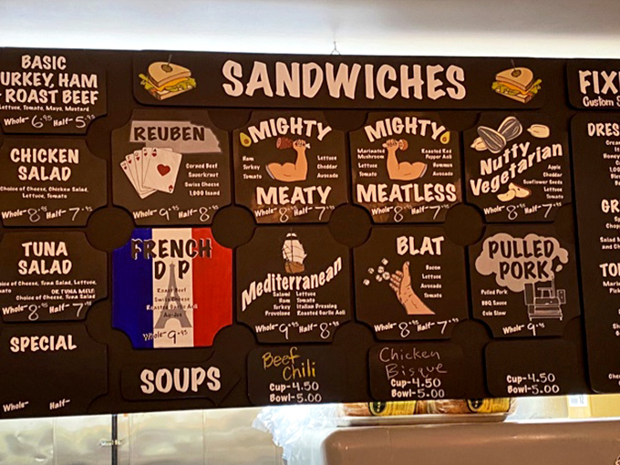 This isn't just a menu board &ndash; it's a roadmap to sandwich nirvana. The Reuben's playing cards design suggests you've hit the jackpot before taking your first bite.