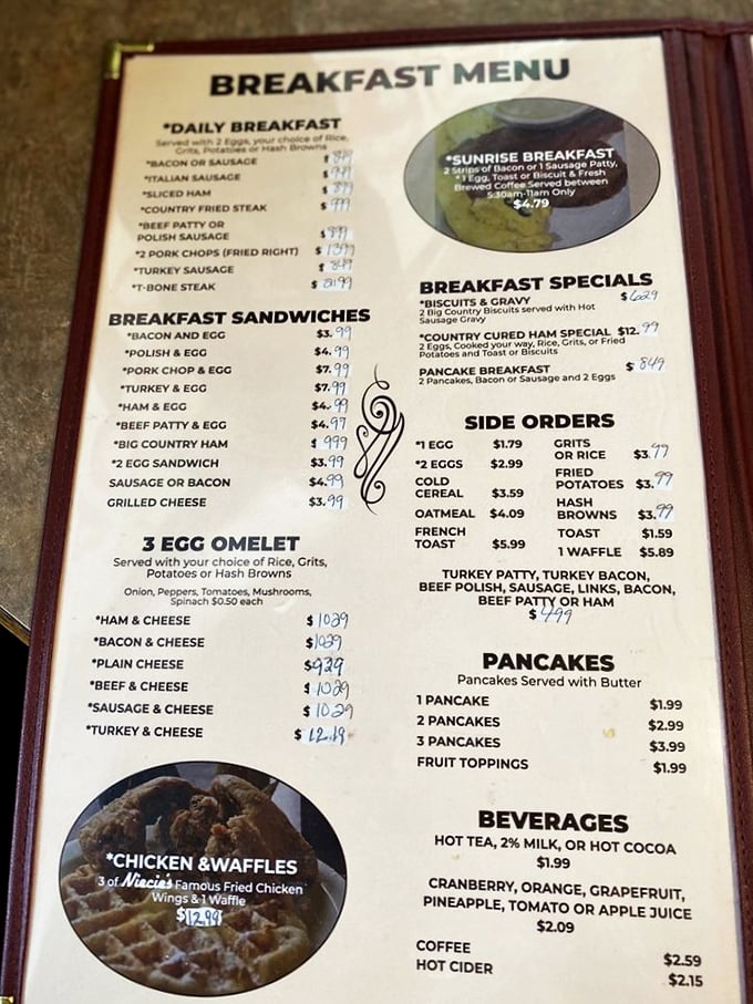 This breakfast menu isn't messing around. When they offer T-bone steak at sunrise, you know they understand morning hunger emergencies.