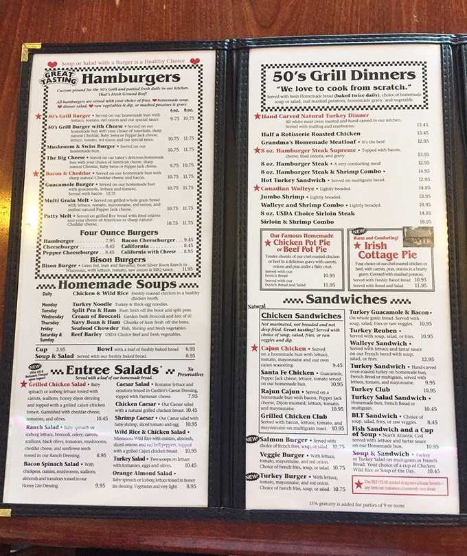 This menu isn't just a list of food&mdash;it's a historical document. "Grandma's Homemade Meatloaf" isn't marketing; it's the reason Minnesota license plates appear in the parking lot from counties far away.