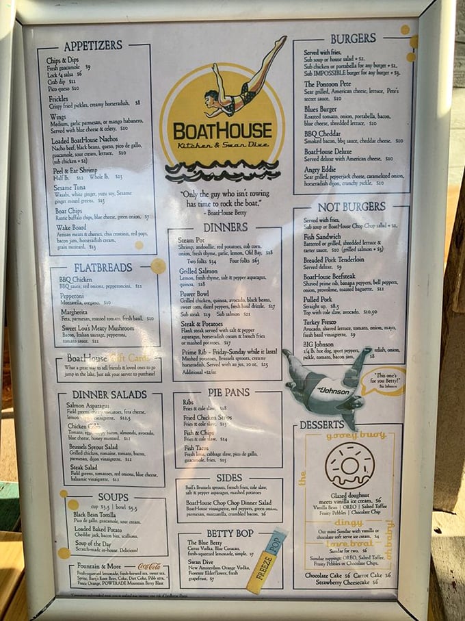 The menu reads like a love letter to comfort food with unexpected twists. That quote about rocking the boat? Pure Midwestern philosophy.