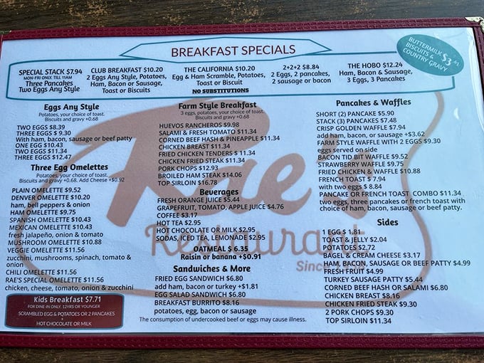 This menu isn't just a list of options&mdash;it's a roadmap to happiness. The "Hobo" breakfast alone could fuel you through a day of surfing or a decade of desk work.