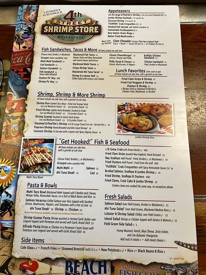 This menu isn't just a list—it's a treasure map. X marks the spot where grouper sandwiches and "Get Hooked" seafood platters await.