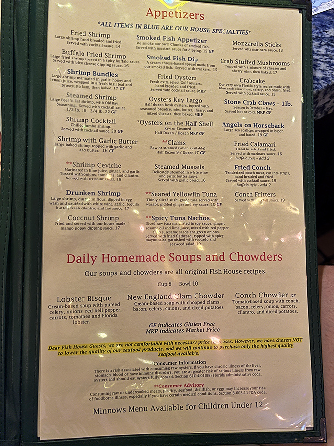 A menu that reads like a love letter to the ocean. Blue items are house specialties&mdash;trust me, they know what they're doing.