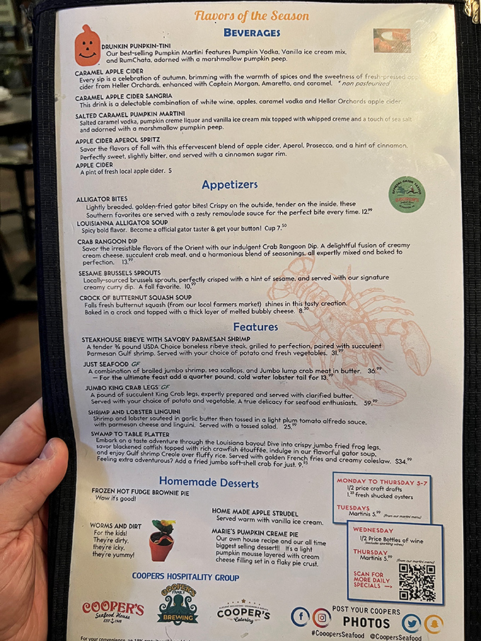 The menu reads like a coastal adventure story. Alligator bites, crab rangoon dip, and pumpkin-tinis&mdash;this isn't your average landlocked restaurant.