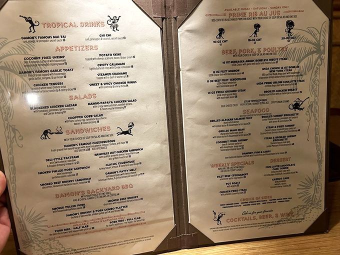 The menu reads like a greatest hits album of American steakhouse classics with a delightful Polynesian twist. Decision paralysis has never been so delicious.