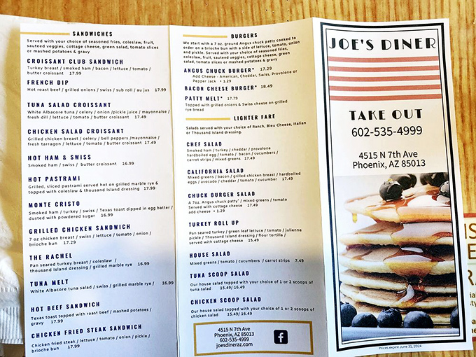 A menu that reads like America's greatest hits, featuring sandwiches, burgers, and breakfast dreams come true.