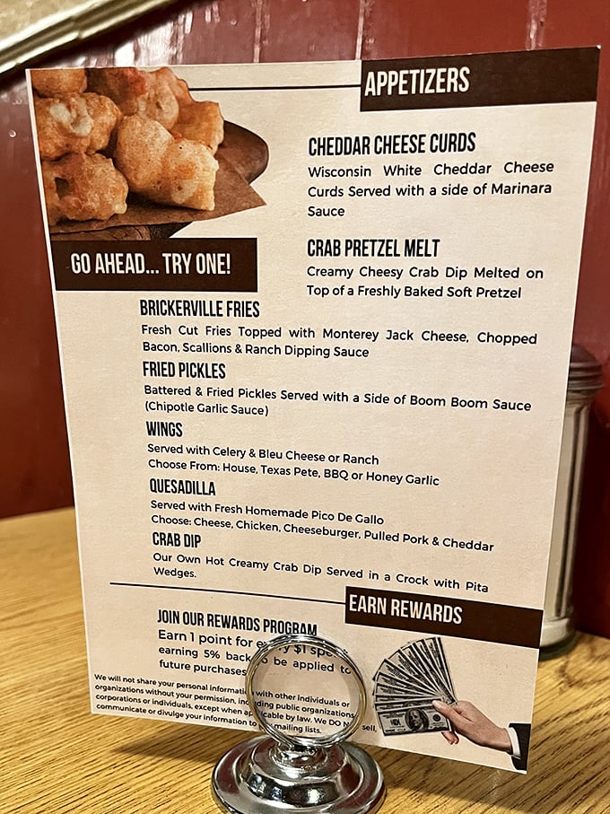 The appetizer menu reads like a love letter to comfort food. Those Brickerville Fries are calling my name louder than my cardiologist.