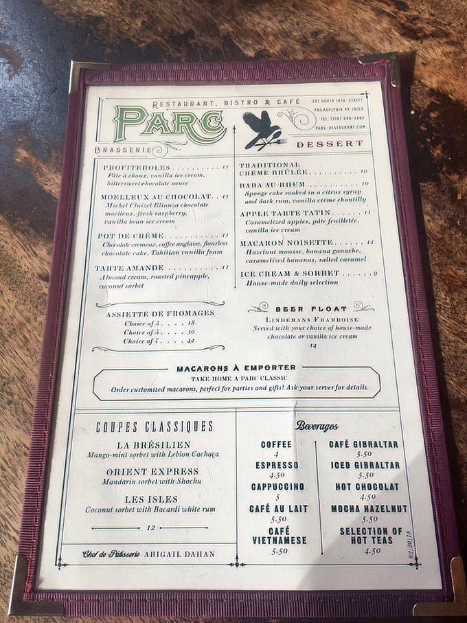 The dessert menu at Parc reads like a love letter to French pastry. Profiteroles, cr&egrave;me br&ucirc;l&eacute;e, and macarons&mdash;oh my!