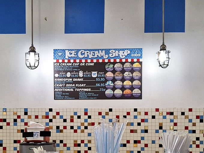 The ice cream menu board promises cold, creamy delights to complement your sugar rush. Because sometimes you need to double down on dessert.