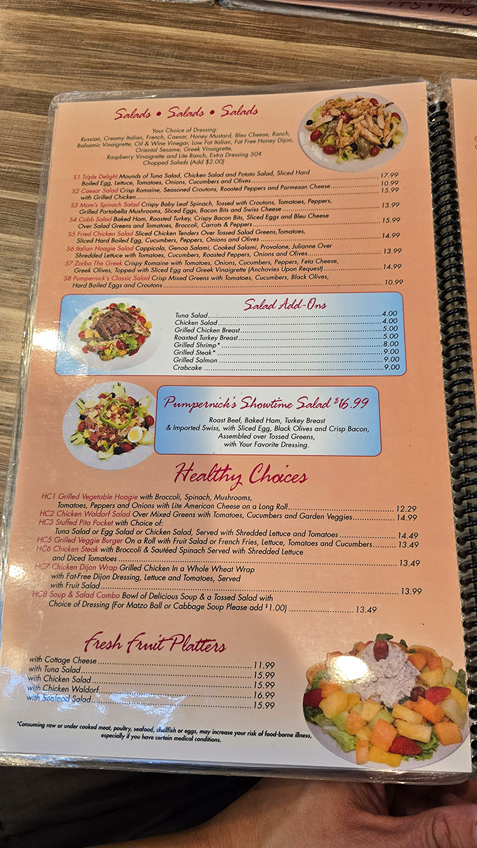 A menu that reads like a love letter to deli classics. Each salad option promises a different path to satisfaction.