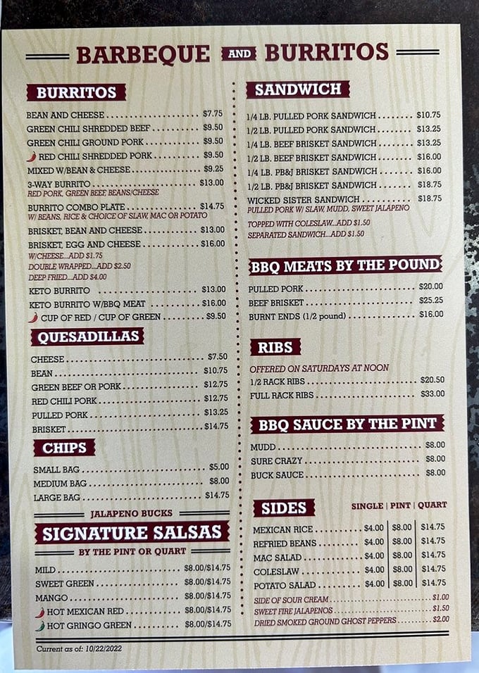 A menu that gets straight to the point: barbecue and burritos. No flowery descriptions needed when the food speaks volumes.