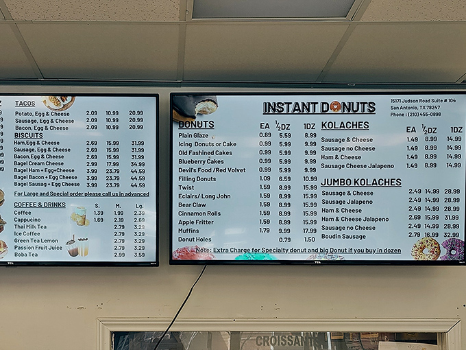 The menu board &ndash; a roadmap to happiness. Each item represents a different path to breakfast bliss, with the apple fritter serving as the holy grail.