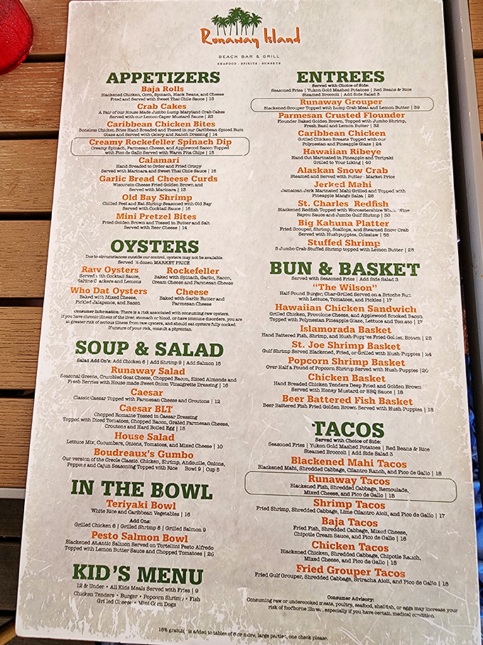 A menu that reads like a love letter to the Gulf&mdash;where deciding between the Islamorada Basket and Runaway Grouper might be your toughest decision all day.