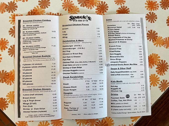 A menu that reads like comfort food poetry, featuring everything from broasted chicken to classic hoagies.