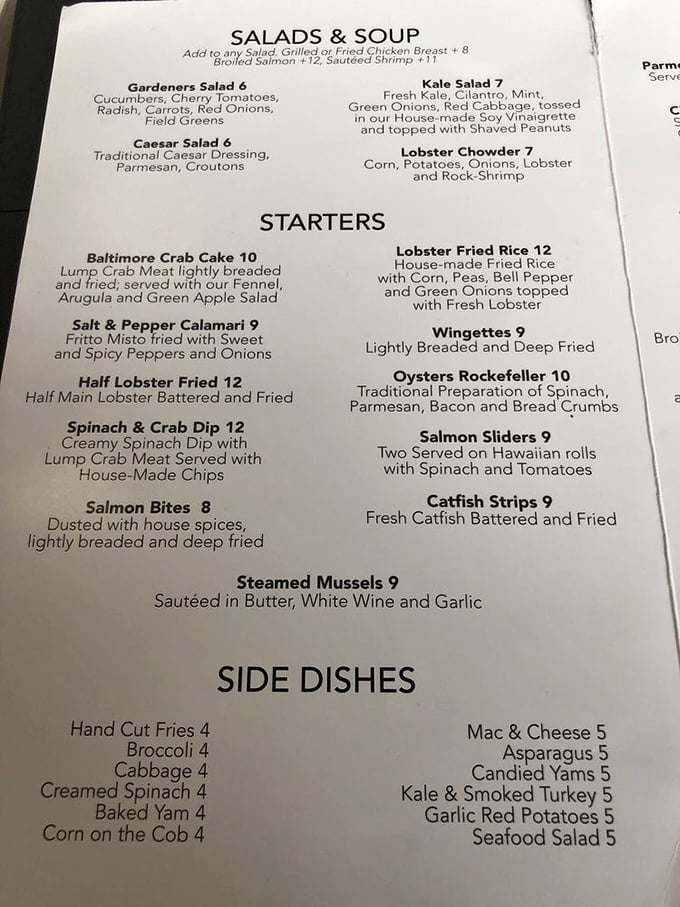A menu that reads like seafood poetry &ndash; when "Baltimore Crab Cake" is listed first, you know they've got their priorities straight.