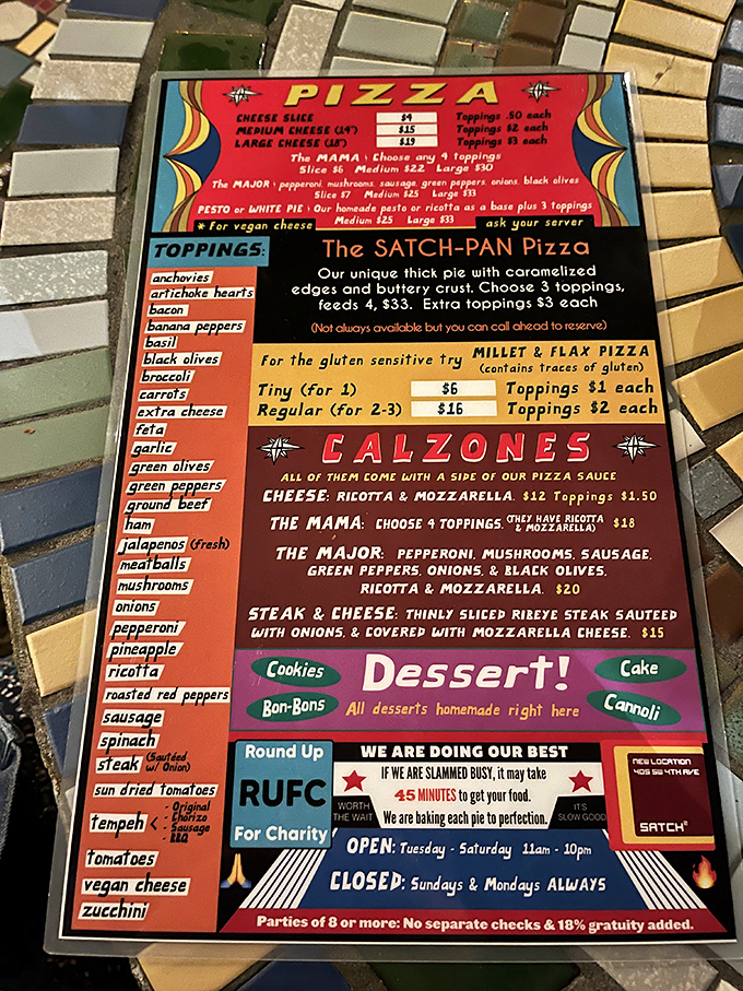 A menu that reads like a love letter to pizza possibilities. The "Satch-Pan" isn't just a pizza&mdash;it's a life-changing experience with caramelized edges.