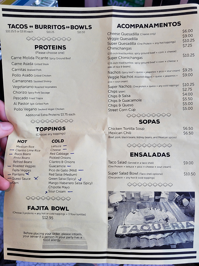 The menu at El Jefe's reads like a roadmap to flavor country—proteins, toppings, and combinations that promise a delicious adventure with every order.