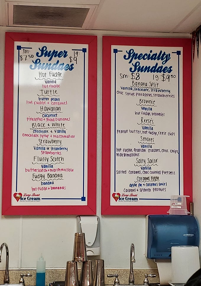 The handwritten menu board is like a treasure map to frozen paradise, with sundae descriptions that read like poetry to anyone with a sweet tooth.