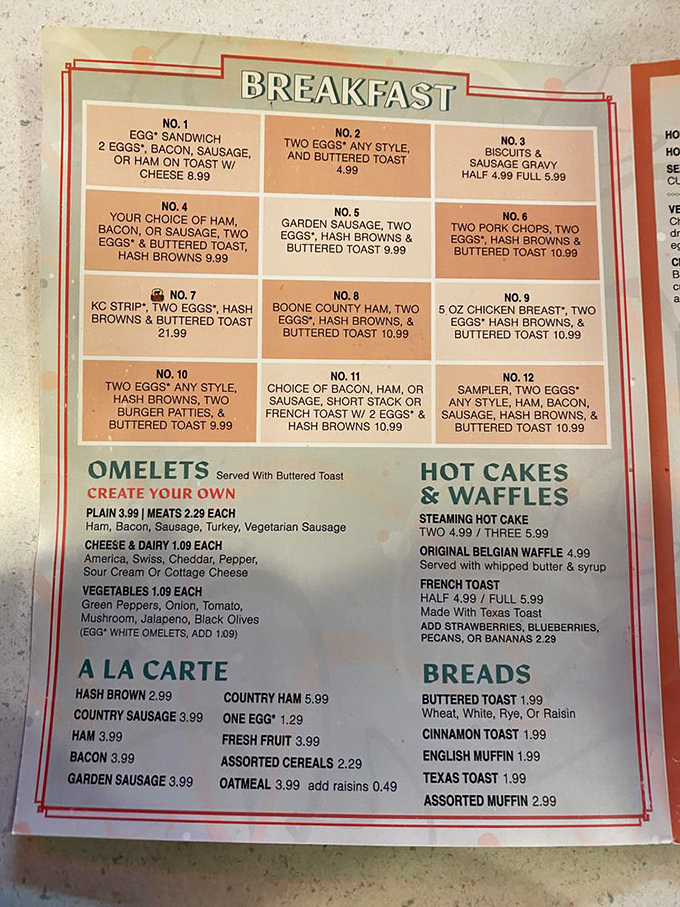 The breakfast menu reads like a love letter to morning classics, with options from simple eggs to hearty steak combinations.