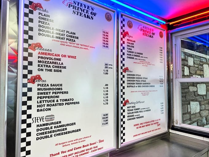 The royal decree of deliciousness. Steve's menu board offers the sacred trinity of options: meat, cheese, and extras&mdash;all you need for sandwich salvation.