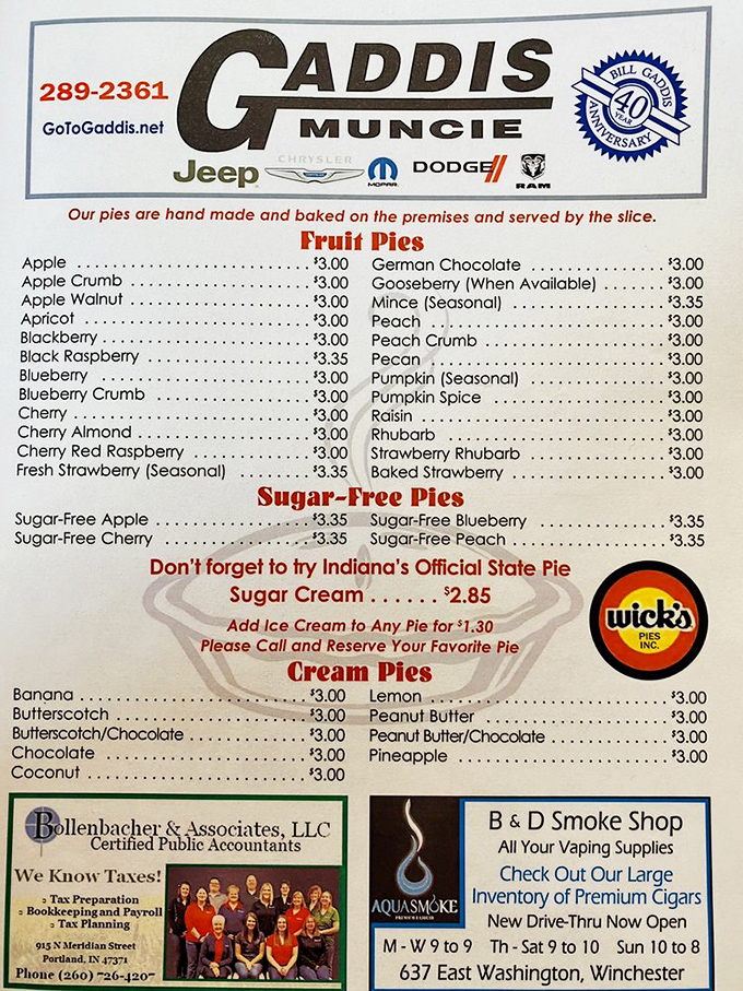 The menu reads like a pie lover's fantasy novel. Indiana's official state pie, Sugar Cream, gets the spotlight it deserves.