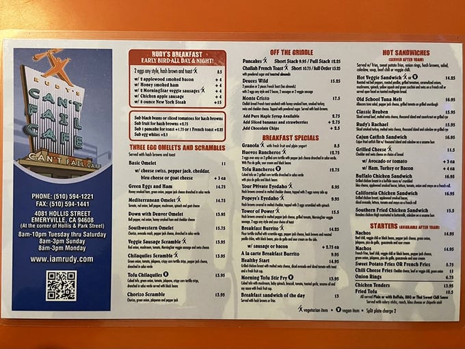 A menu that reads like a greatest hits album of American breakfast classics, each with its own special twist that elevates it beyond standard diner fare.