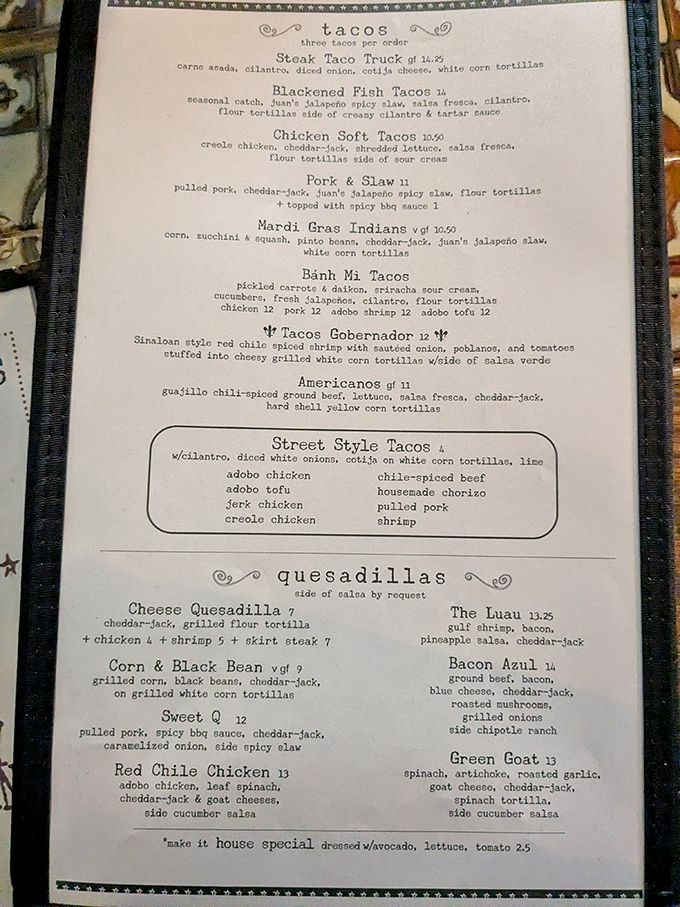 A menu that reads like a love letter to culinary fusion &ndash; where Creole meets Mexican and magic happens with every creative combination.