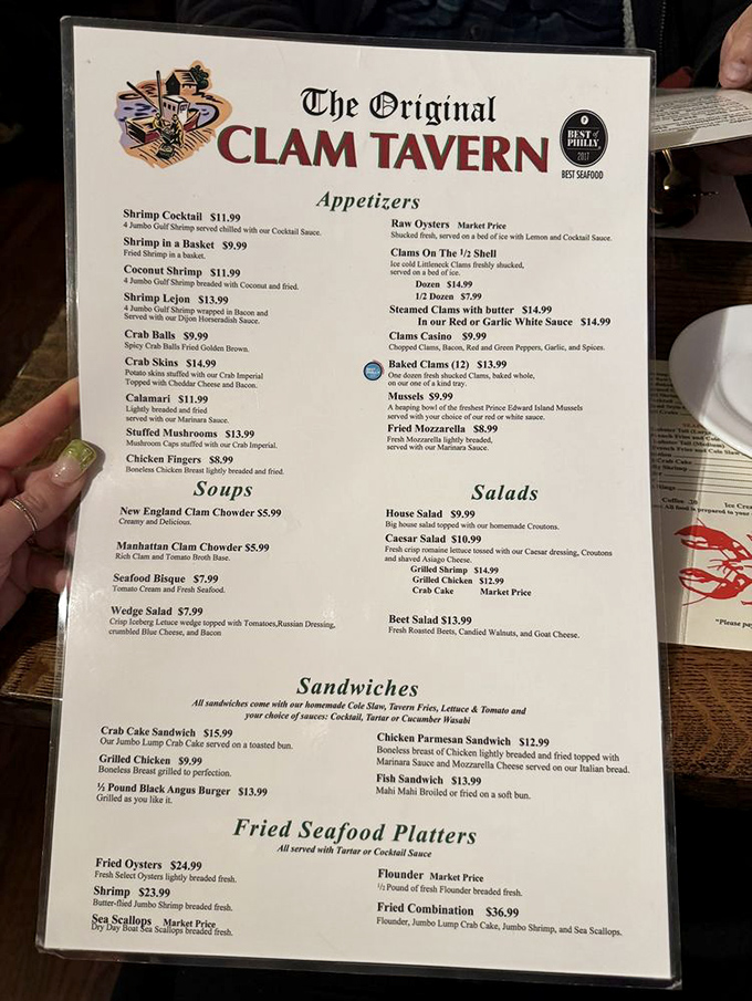 The menu reads like a love letter to seafood enthusiasts, with those legendary crab cakes taking center stage among an impressive supporting cast.