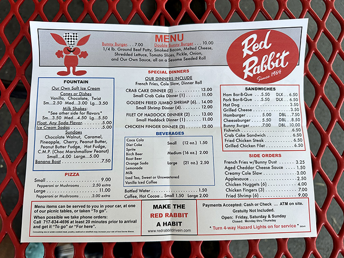 This menu isn't just a list of food—it's a time machine disguised as a laminated piece of paper. Notice the "Make The Red Rabbit a Habit" slogan!