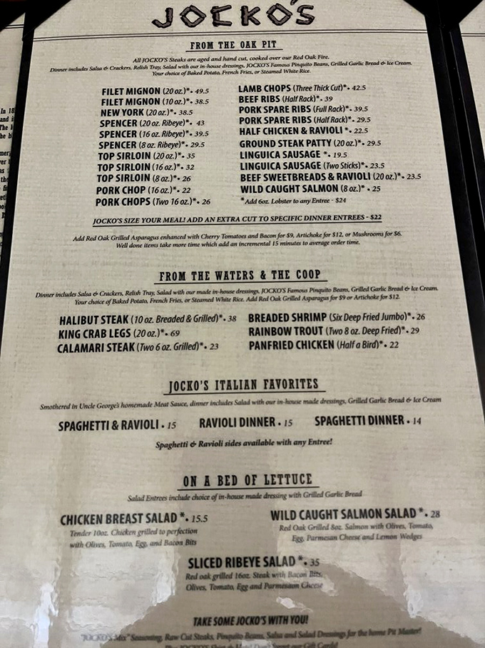 A menu that speaks fluent carnivore, featuring oak pit specialties that have been perfecting beef since 1956.