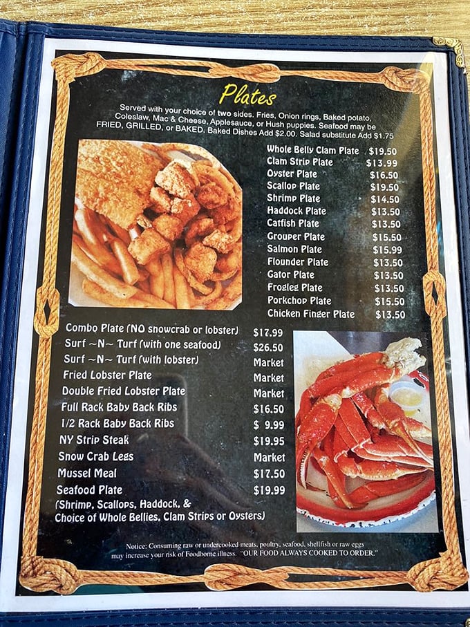 The menu reads like a love letter to seafood enthusiasts. That whole belly clam plate isn't just food&mdash;it's an edible Florida vacation.