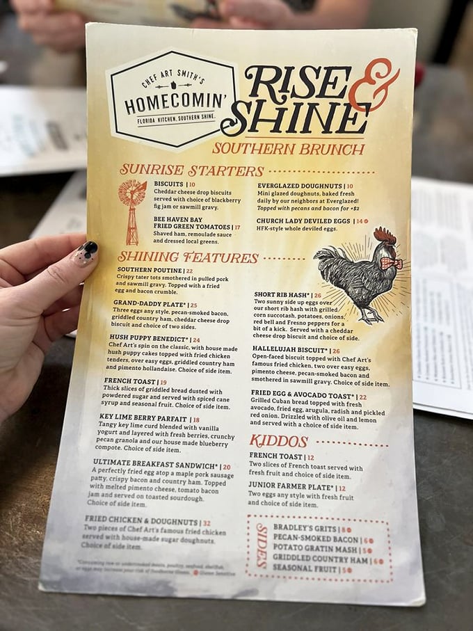 This menu isn't just a list&mdash;it's a love letter to Southern cooking. "Rise & Shine" brunch offerings that would make your grandmother proud.