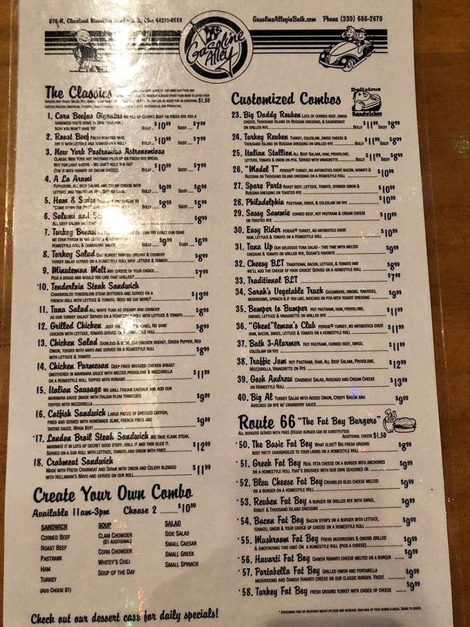 The menu at Gasoline Alley reads like a love letter to sandwich perfection. Each option promises a different path to happiness.