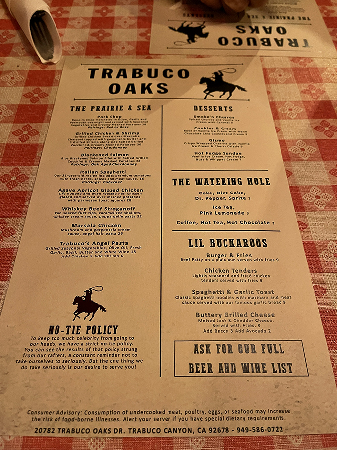 A menu that tells you everything you need to know about priorities. The "No-Tie Policy" isn't just decoration—it's a lifestyle statement.