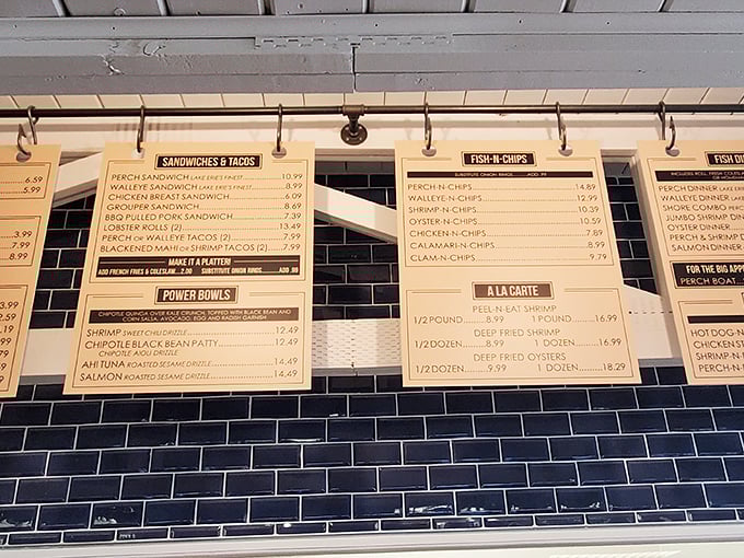 The menu board tells the whole delicious story&mdash;Lake Erie's bounty transformed into golden-fried perfection awaits your order.