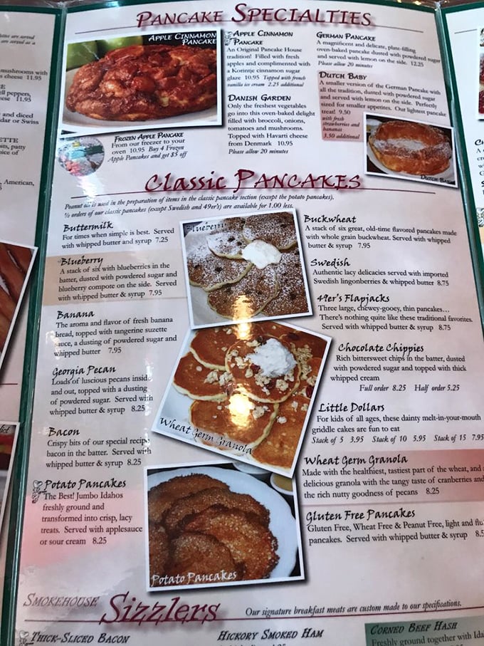 The menu reads like breakfast poetry&mdash;each pancake option more tempting than the last, making decisions the hardest part of your morning.