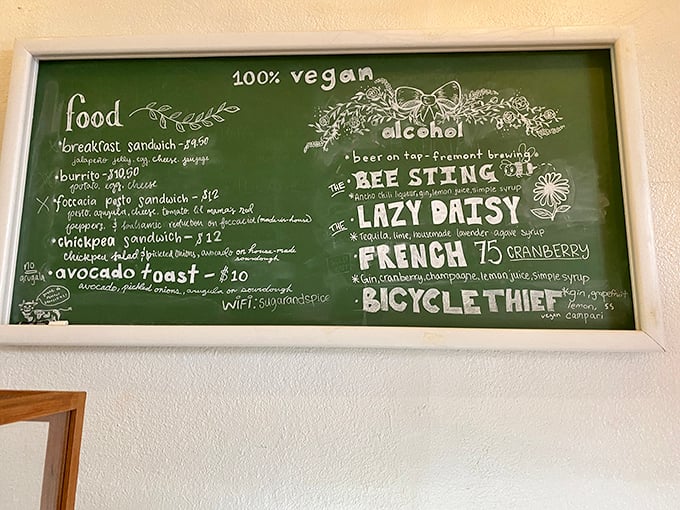 That chalkboard menu is like a roadmap to vegan nirvana. The "Bicycle Thief" cocktail alone is worth committing grand theft bicycle for.