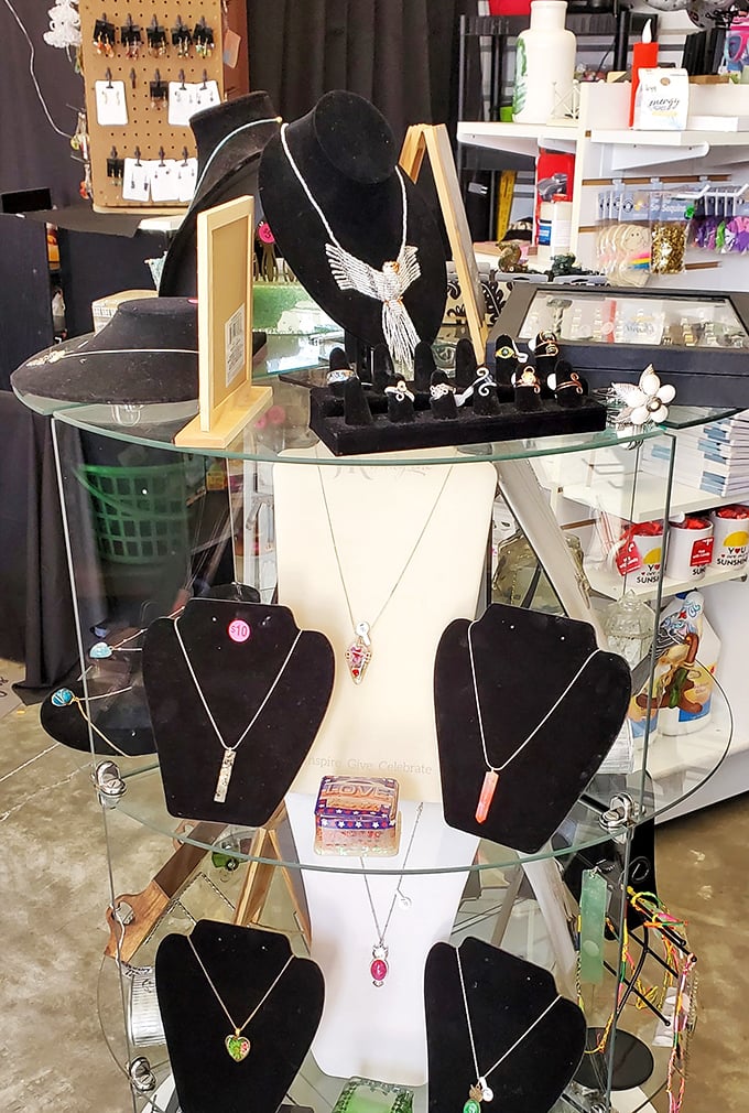 Jewelry displays that would make your grandmother say "now that's craftsmanship!" Pendants and necklaces waiting to become someone's new favorite accessory.