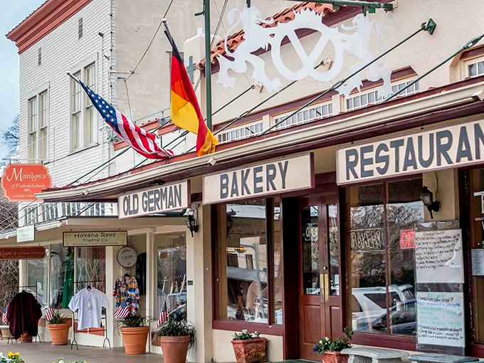 The Old German Bakery proudly displays both American and German flags, a delicious reminder of the town's heritage that's baked into every strudel and schnitzel served inside.