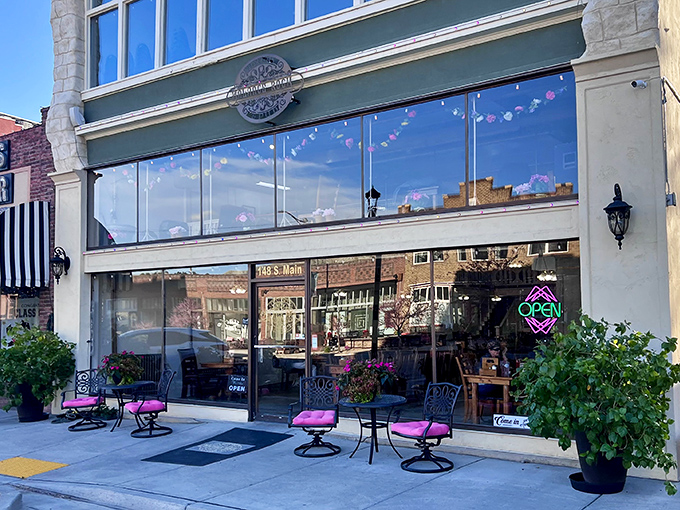 This inviting storefront with its cheerful purple chairs practically whispers, "Come sit awhile and watch the world not hurry by."