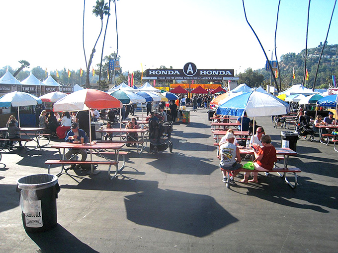 When hunger strikes mid-hunt, these picnic tables become command centers for strategic planning and the all-important "should I go back for that lamp?" debate.