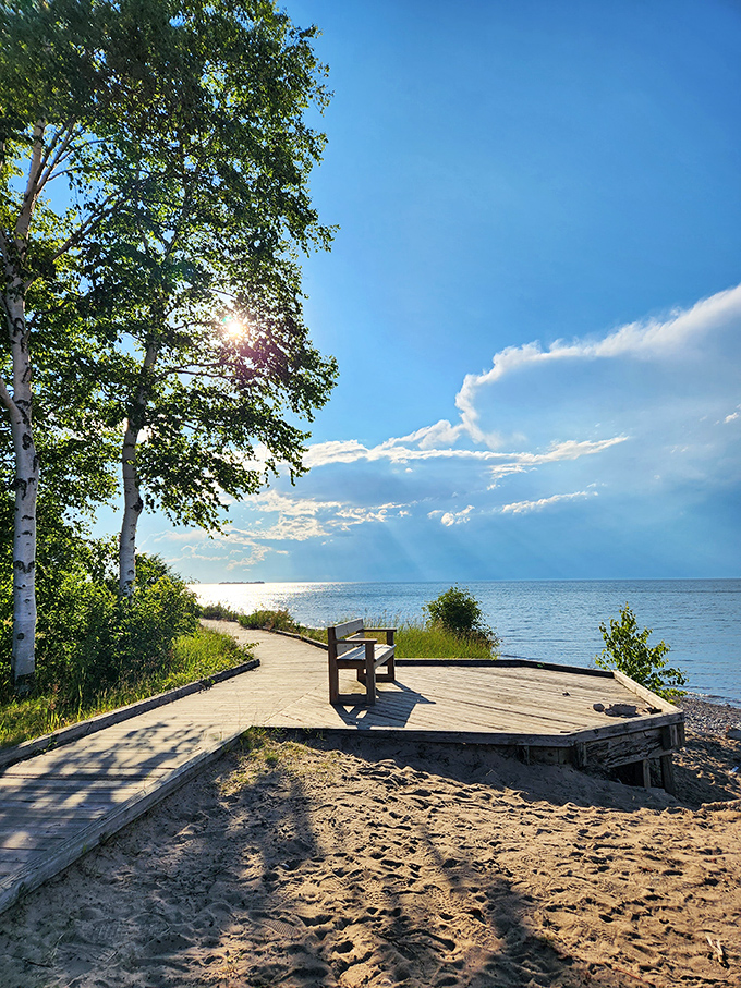 This wooden deck overlooking Whitefish Bay is the Upper Peninsula's version of a five-star viewing platform&mdash;no reservation required.