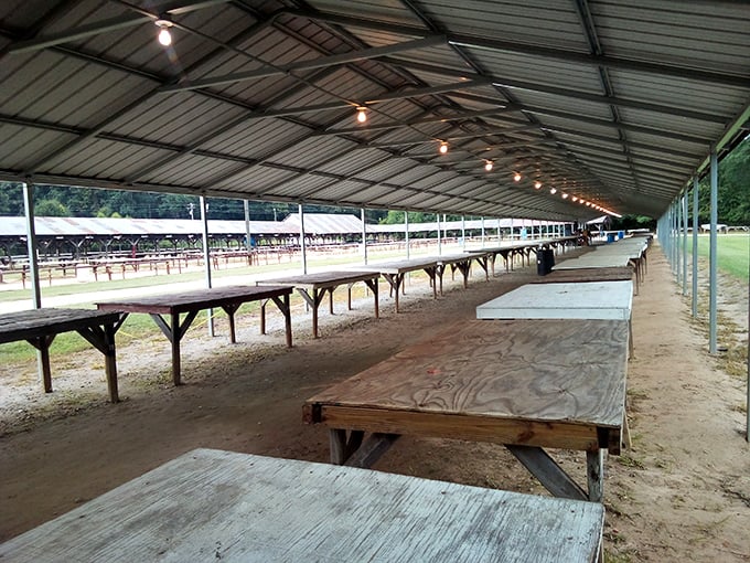 The calm before the storm. Empty tables stand at attention, like blank canvases awaiting the colorful chaos of market day.