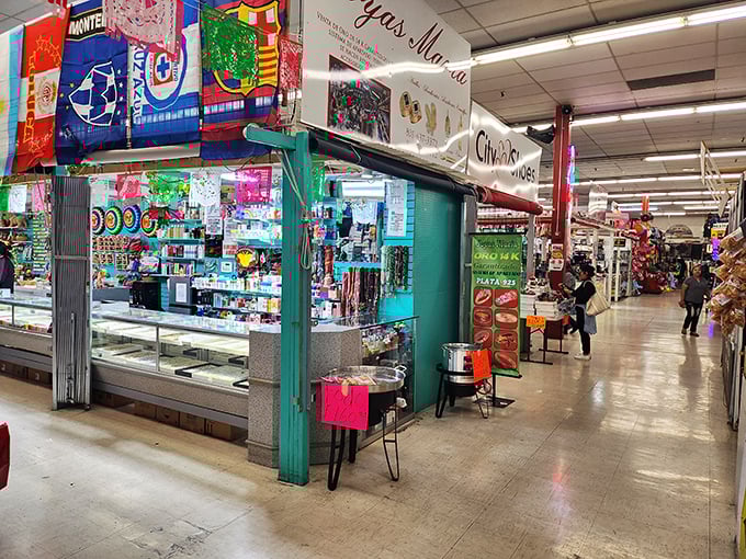 Colorful banners hang overhead like festival flags, each vendor stall a mini-universe with its own gravitational pull.