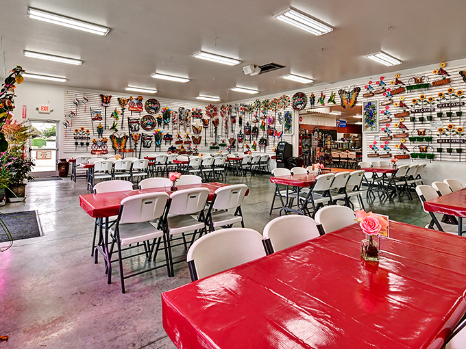 The marketplace's dining area offers a cheerful respite with bright red tables where shoppers can refuel before continuing their treasure hunt.