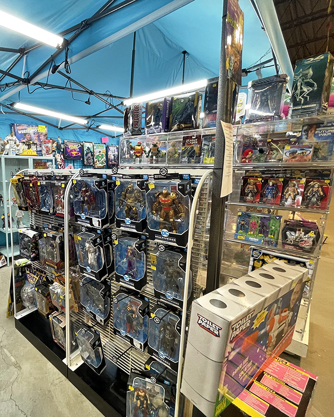 A collector's paradise where childhood heroes patiently wait in their plastic prisons for someone to take them home. Batman would approve of this organized chaos.