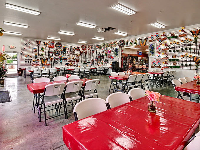 Red tables and colorful wall decorations create a cheerful oasis where weary shoppers refuel before diving back into treasure hunting.