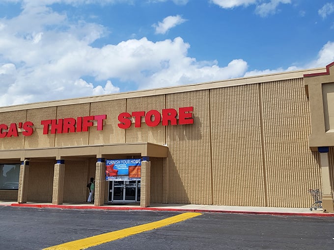 America's Thrift Store stands proud against the Georgia sky, a cathedral of secondhand treasures waiting for their next chapter.