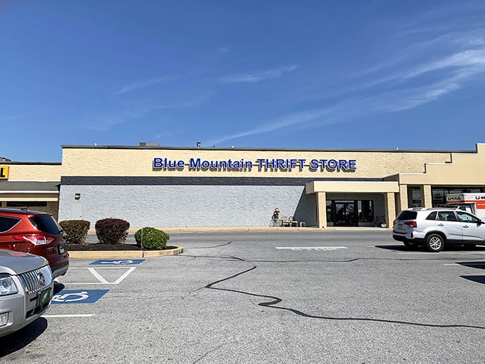 Blue Mountain Thrift Store: where the sign is as bright as the bargains waiting inside.