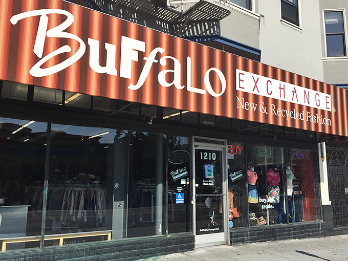 Buffalo Exchange's bold red awning stands out like a fashionista at a camping convention. Style recycling at its finest!
